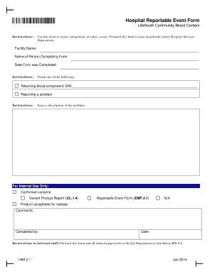 Fillable Online Hospital Reportable Event Form - LifeSouth Community Blood Centers Fax Email ...
