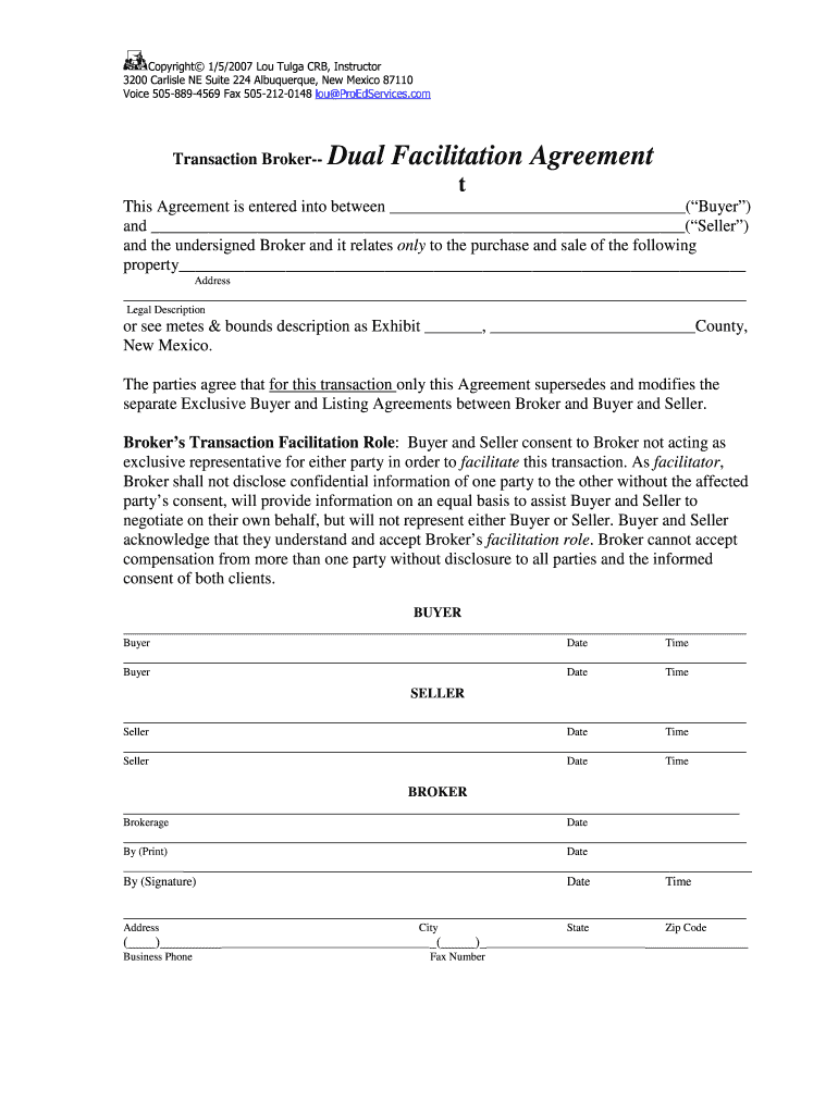 Fillable Online Transaction Broker-- Dual Facilitation Agreement Fax ...