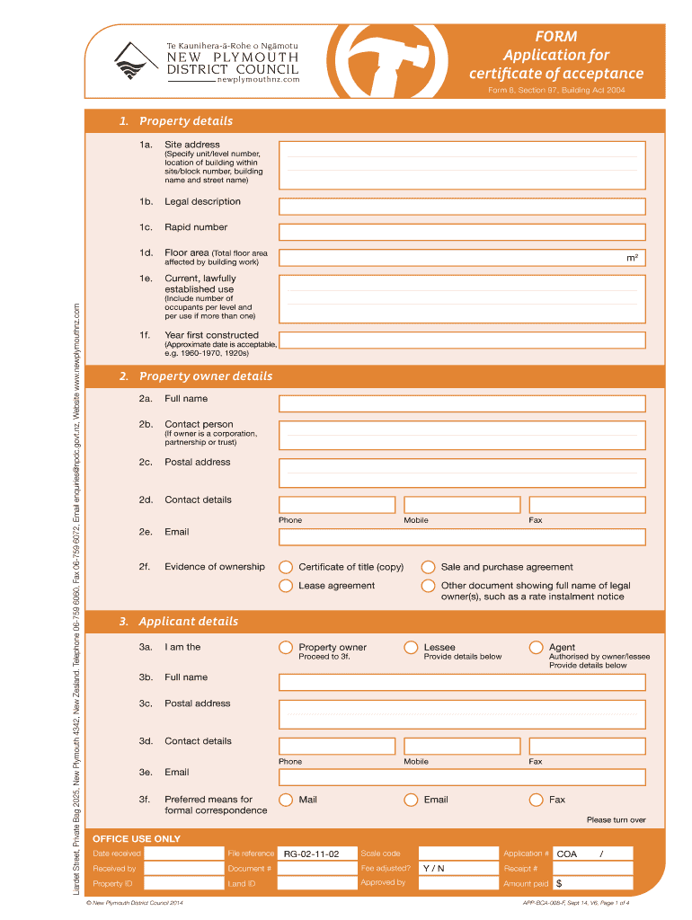 Fillable Online BCertificateb of Acceptance - New Plymouth District ...