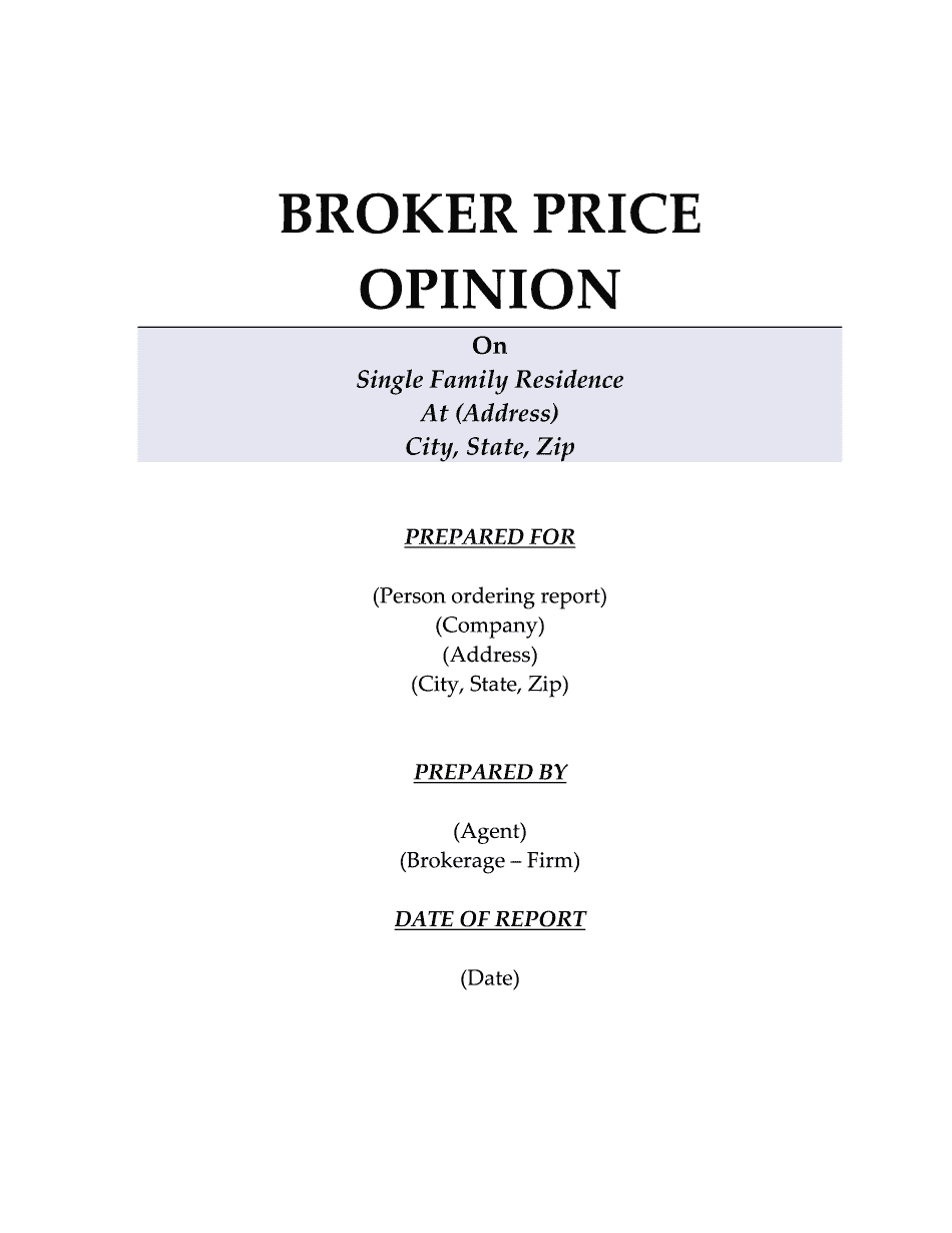 Broker Opinion Of Value Template Printable Blank PDF Online