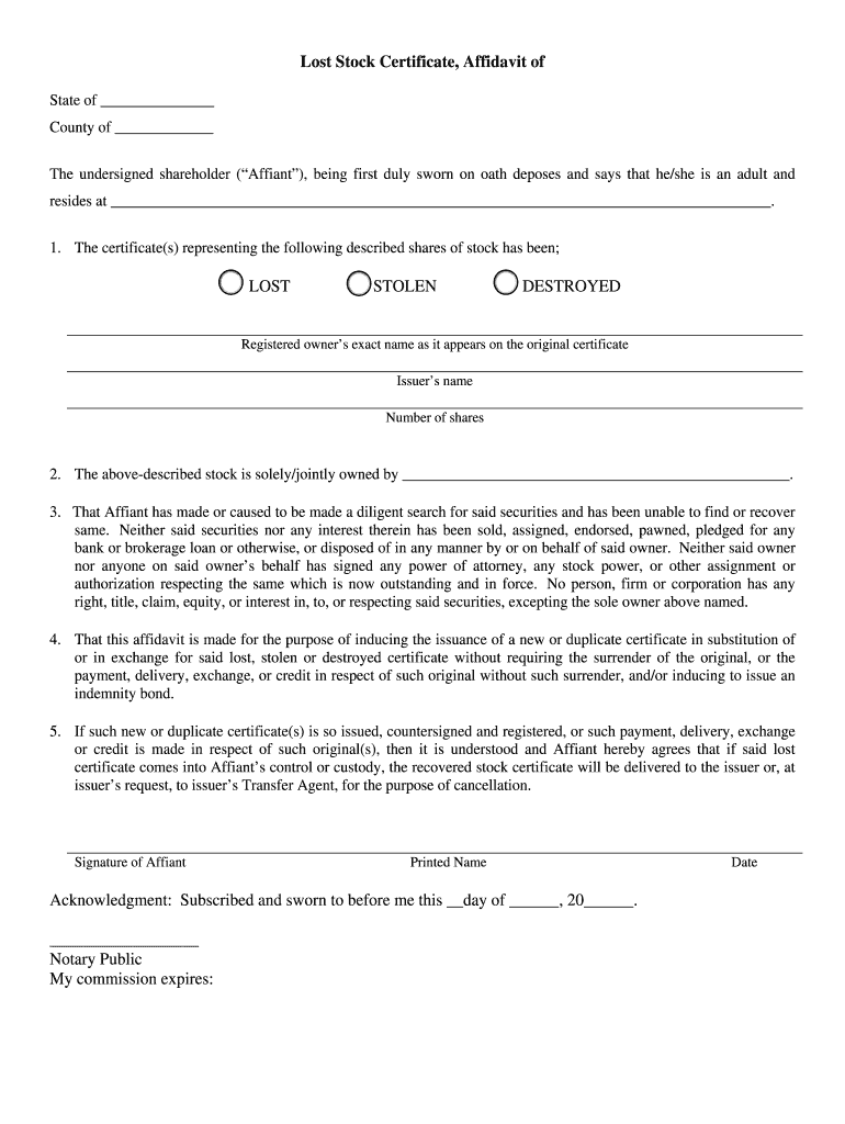 Fillable Online Lost Stock Certificate Affidavit of bLOST STOLENb ...