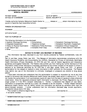 Fillable Online Authorization to Release/Obtain Medical Records - Hampton ... Fax Email Print ...