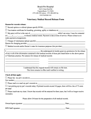 Fillable Online Beach Pet Hospital Veterinary Medical Record Release ...