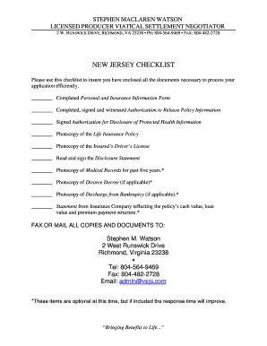 Fillable Online NEW JERSEY CHECKLIST - VSPI Fax Email Print - pdfFiller