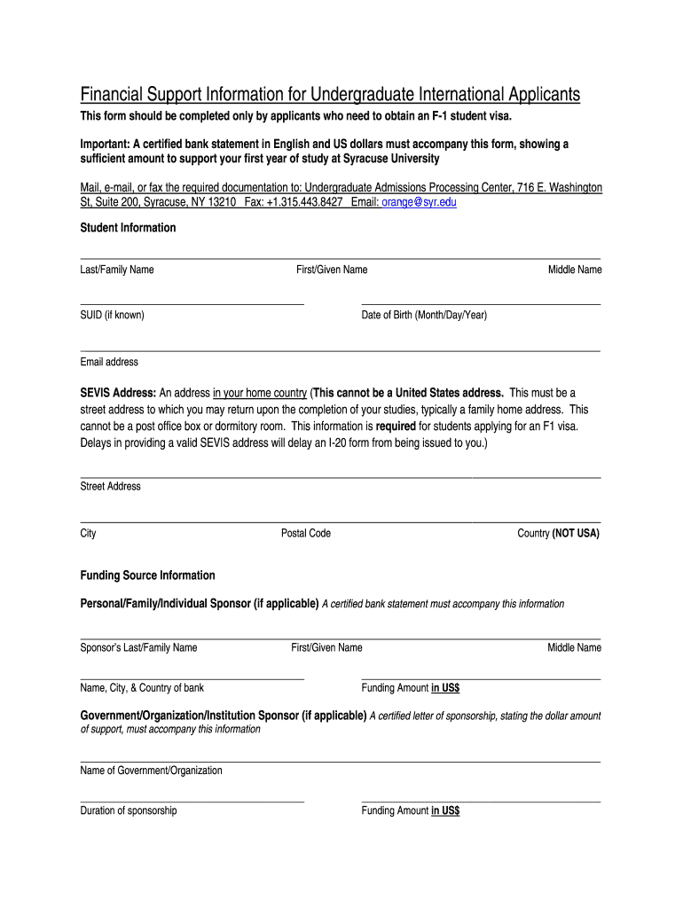 Fillable Online syr Financial Support Information for Undergraduate ...