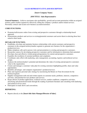 Fillable Online SALES REPRESENTATIVE JOB DESCRIPTION Fax Email Print - pdfFiller