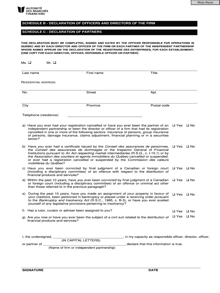 Fillable Online lautorite qc SCHEDULE B - DECLARATION OF OFFICERS AND ...