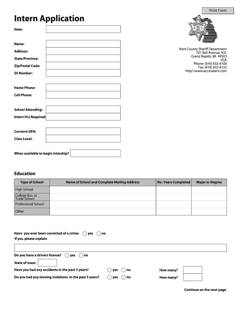 Fillable Online Intern Application - Kent County, Michigan Fax Email Print - pdfFiller