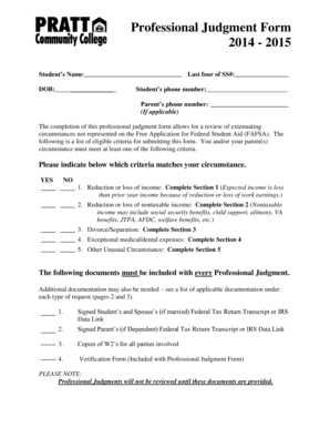 Fillable Online prattcc Professional Judgment Form 2014 - 2015 - Pratt ...