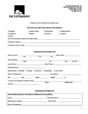 Fillable Online Patient Questionnaire - Total Sleep Management Fax ...