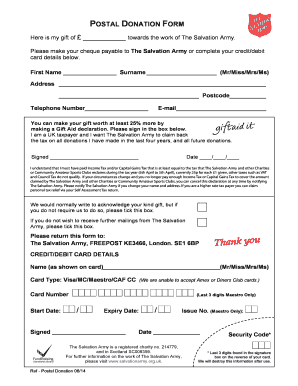 Fillable Online Postal donation form - The Salvation Army Fax Email ...