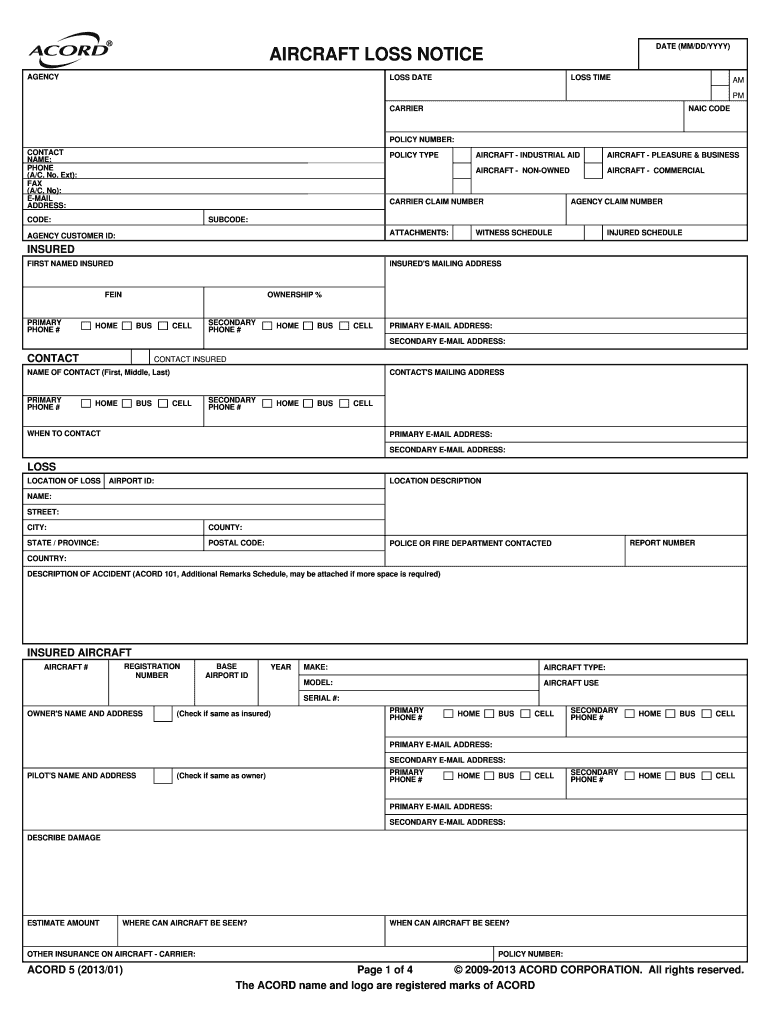 Fillable Online AIRCRAFT LOSS NOTICE - ENSURE Fax Email Print - pdfFiller