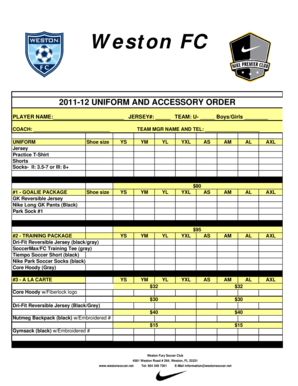 Fillable Online WFSC 2011-12 Uniform & Accessory Order Form - Weston ...