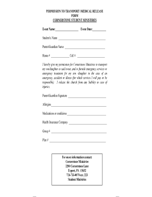 Fillable Online PERMISSION TO TRANSPORT /MEDICAL RELEASE FORM ...