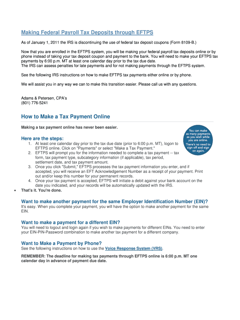 Fillable Online Making Federal Payroll Tax Deposits through EFTPS Fax ...