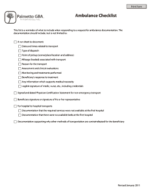Fillable Online CERT Ambulance Checklist for Ohio WestVirginia ...