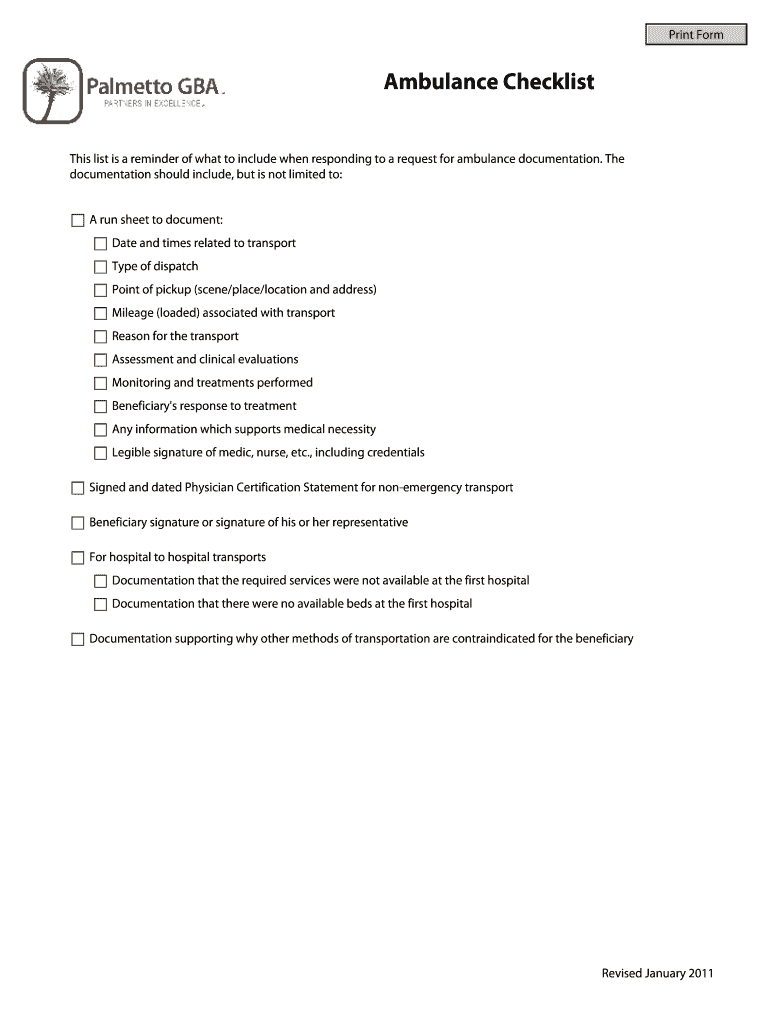 Fillable Online CERT Ambulance Checklist for Ohio WestVirginia ...