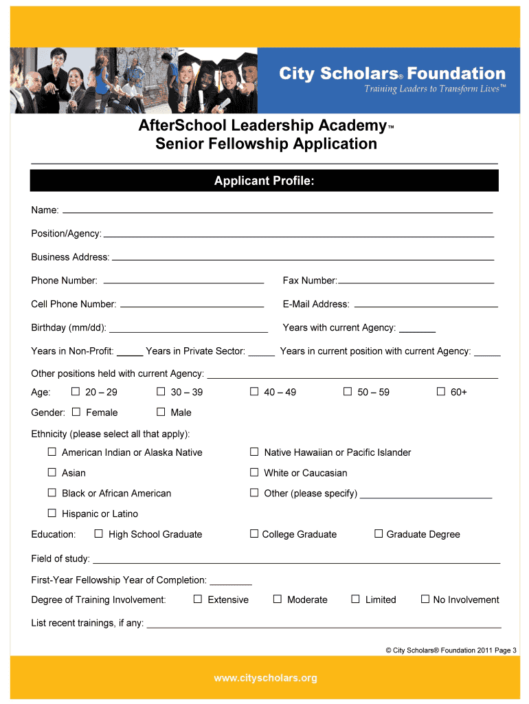 Fillable Online cityscholars AfterSchool Leadership Academy Senior Fellowship Application Fax ...