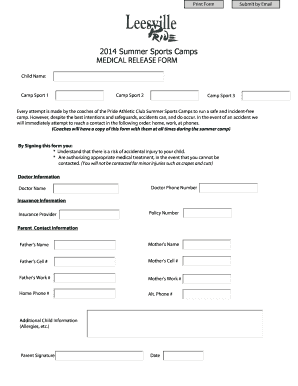 Fillable Online 2014 Summer Sports Camps MEDICAL RELEASE FORM Fax Email ...