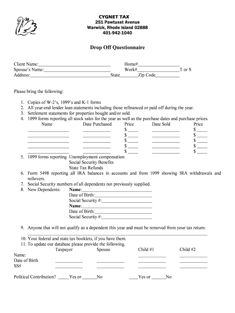 Fillable Online Drop Off Information - Cygnet Tax Fax Email Print ...