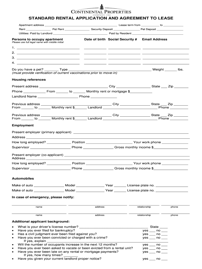 Fillable Online Standard rental application and agreement to lease ...