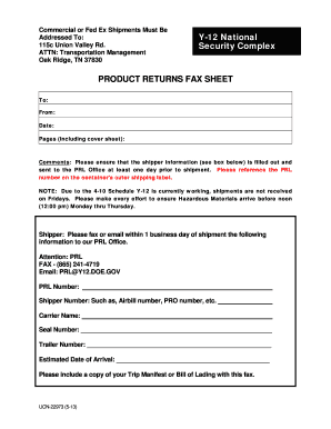 Fillable Online y12 doe UCN-22973 PRL bFax Sheetb PDF - Y-12 National Security Complex Fax Email ...