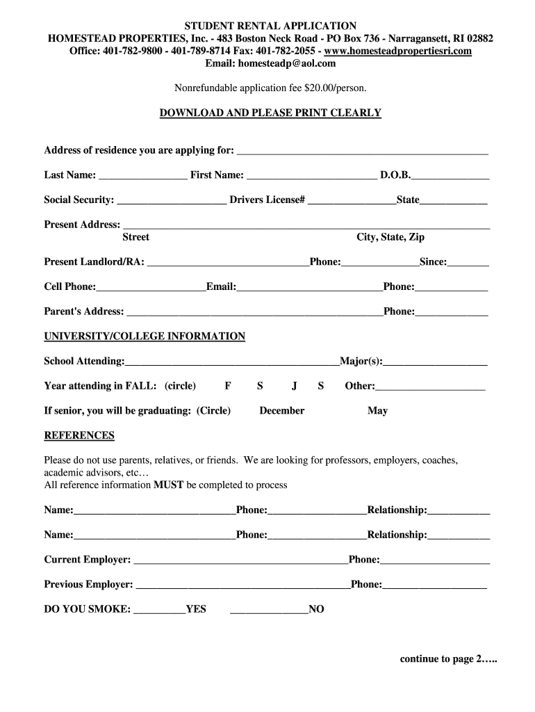 Fillable Online Winter Rental Student Application - Homestead Properties Fax Email Print - pdfFiller