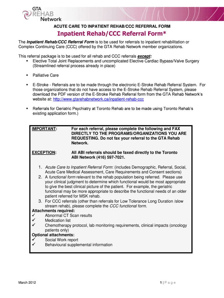 Fillable Online Inpatient Rehab/CCC Referral Form* - the University ...