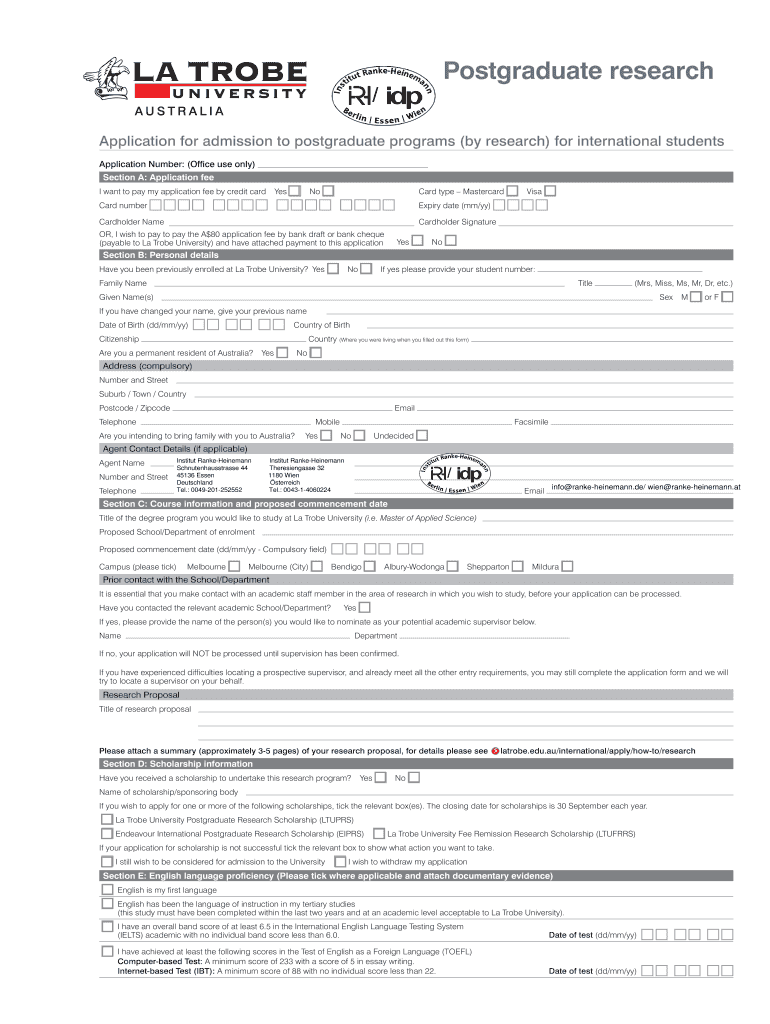 Fillable Online Application for admission to postgraduate programs (by research) for ...