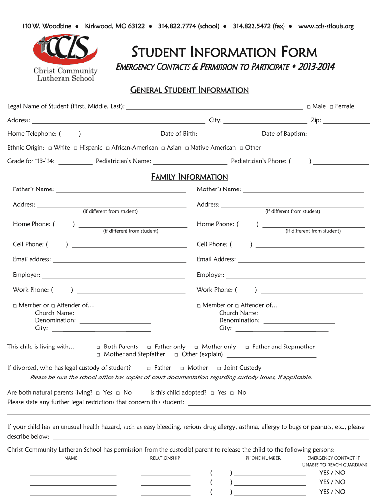 Fillable Online Student Information Form '13-'14 pdf - Clover Fax Email Print - pdfFiller