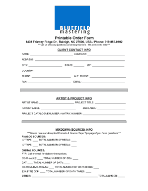 Fillable Online Printable Order Form - Bluefield Mastering Fax Email ...