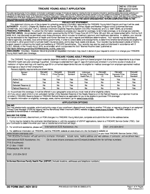 DD Form 2947, TRICARE Young Adult Application, November 2012 - Tricare ...