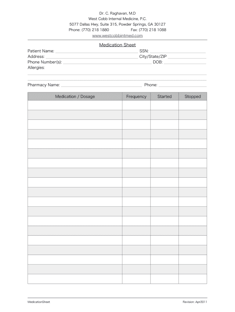 Fillable Online Medication Sheet - West Cobb Internal Medicine Fax ...