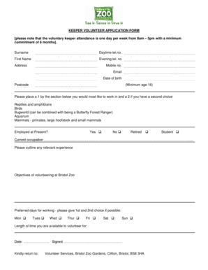 Fillable Online bristolzoo org KEEPER VOLUNTEER APPLICATION FORM please ...