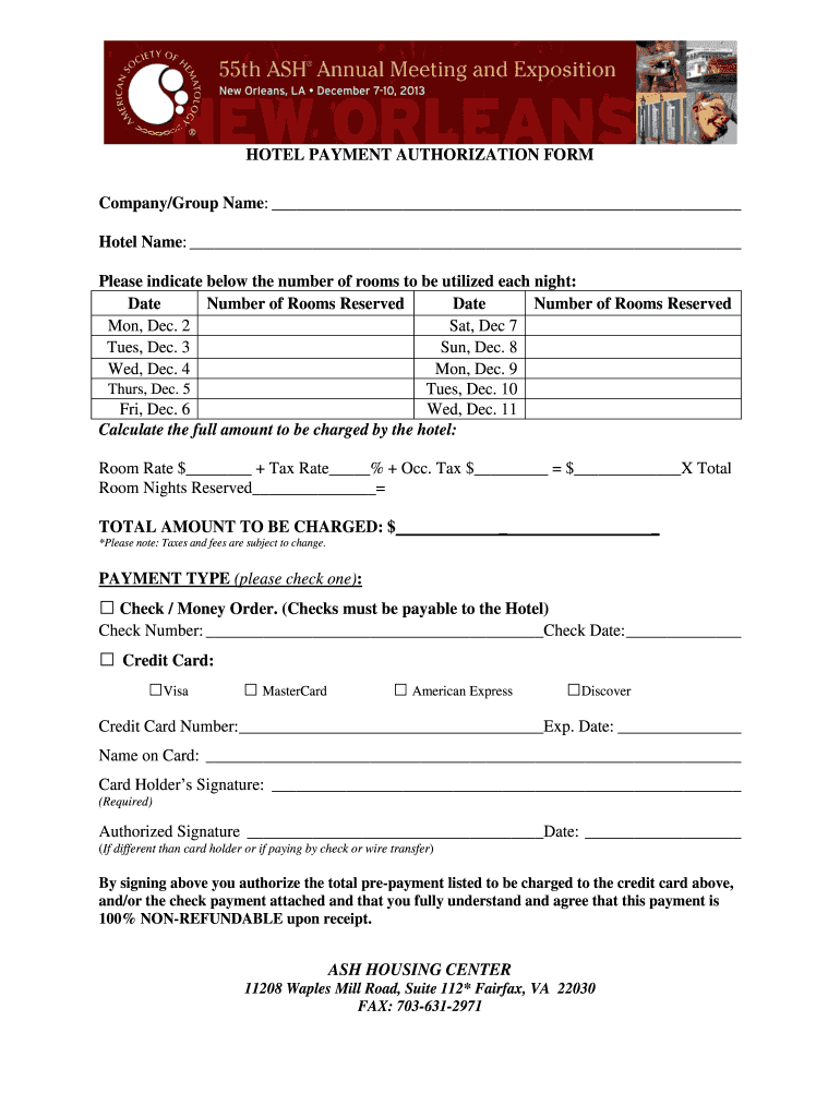 Fillable Online HOTEL PAYMENT AUTHORIZATION FORM Company/Group Name ...