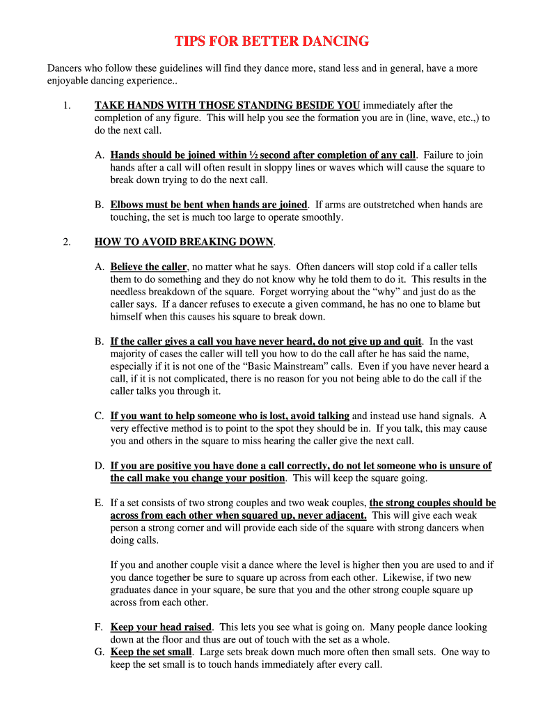 Fillable Online TIPS FOR BETTER DANCING by Ed Foote Take hands with ...