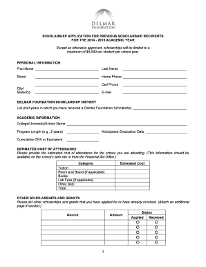 Fillable Online delmarscholarships Application for Previous Scholarship Recipients Fax Email ...