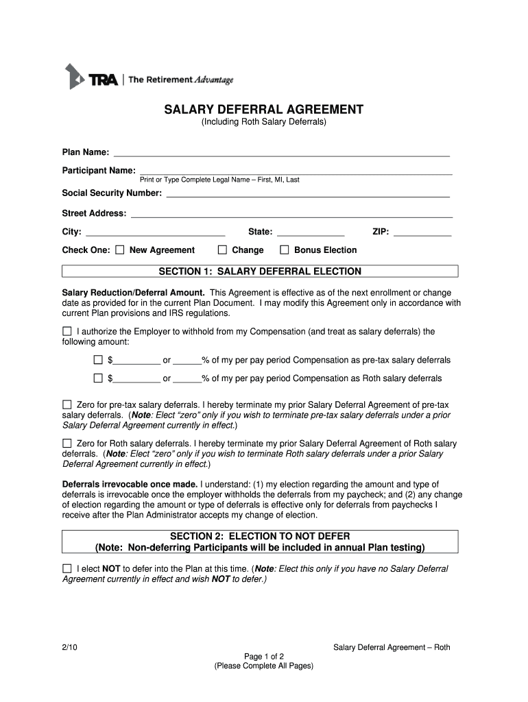 Fillable Online Salary Deferral Agreement - Roth Fax Email Print ...