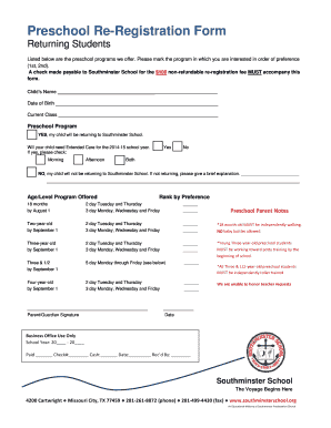 Fillable Online Preschool Re-Registration Form Returning Students ...