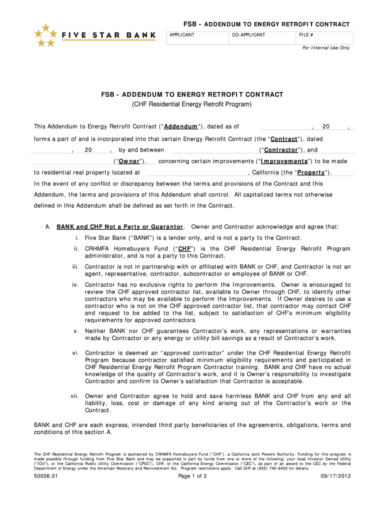 Fillable Online chfloan FSB - ADDENDUM TO ENERGY RETROFIT CONTRACT (CHF ...