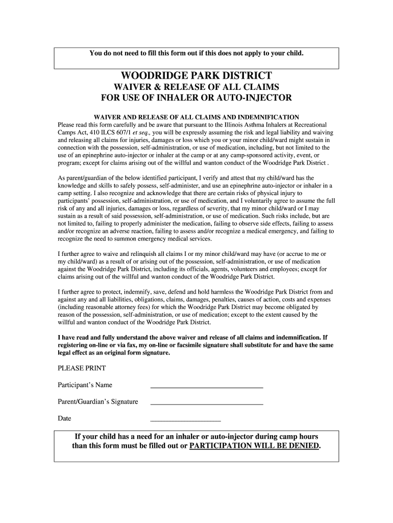 Fillable Online Inhaler Waiver09pdf - Woodridge Park District Fax Email ...