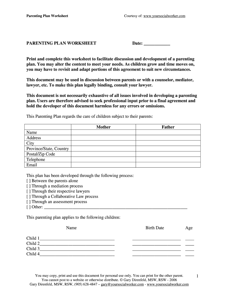 Parenting Plan Worksheet Fill Online Printable Fillable Blank 