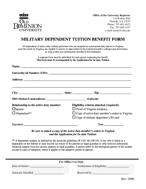 Fillable Online odu Military Dependent Tuition Benefit Form Fax Email ...