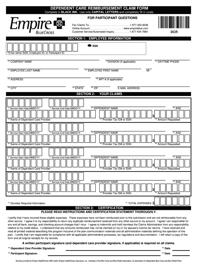 Fillable Online DEPENDENT CARE REIMBURSEMENT CLAIM FORM - EmpireBlue ...