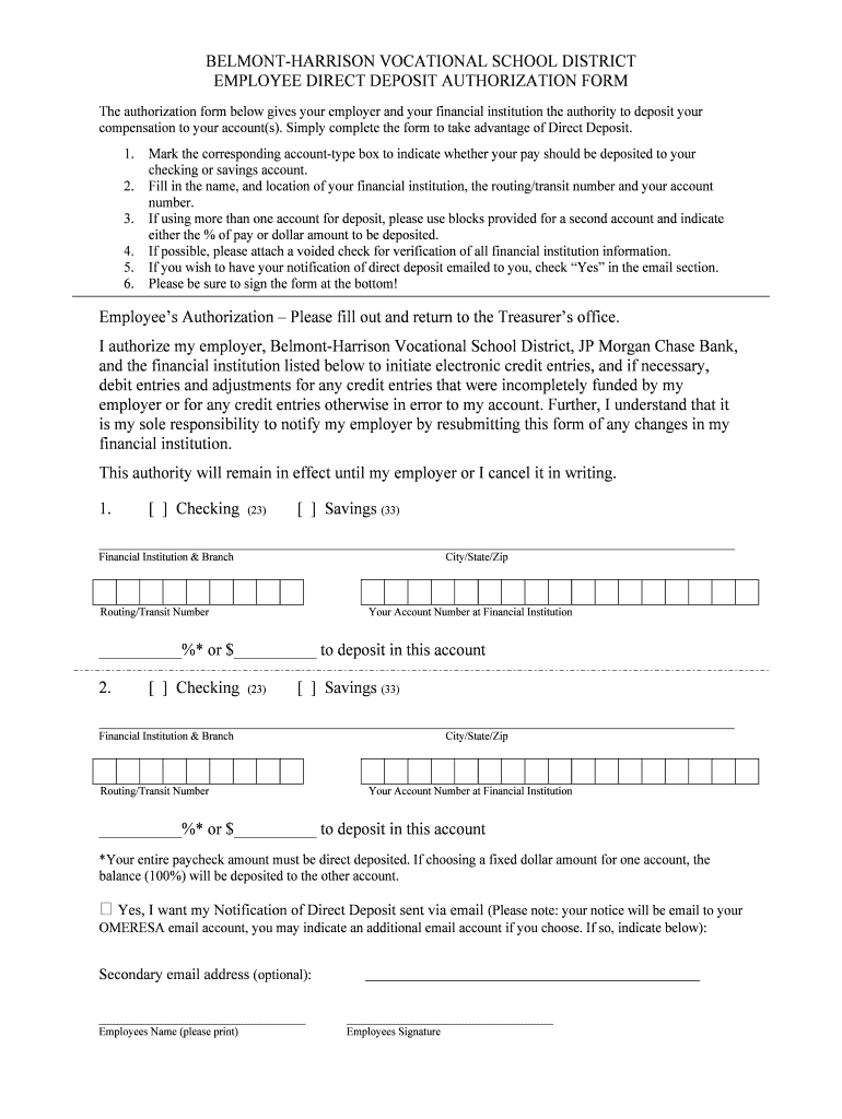 Fillable Online Direct Deposit Authorization Form - Belmont-Harrison ...