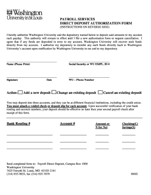 Fillable Online wubio wustl PAYROLL SERVICES DIRECT DEPOSIT AUTHORIZATION FORM ... Fax Email ...