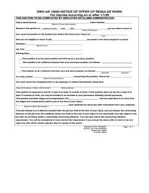 Fillable Online DWC-AD 10003 NOTICE OF OFFER OF REGULAR WORK Fax Email ...