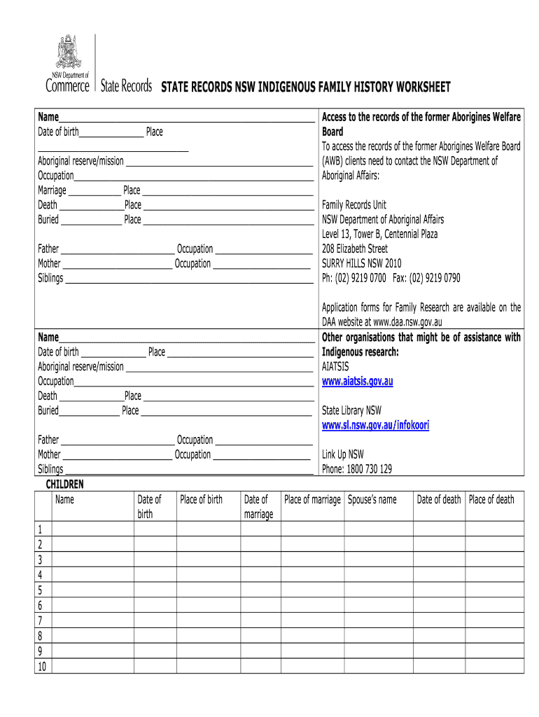 Fillable Online records nsw gov Indigenous family history bworksheetb ...