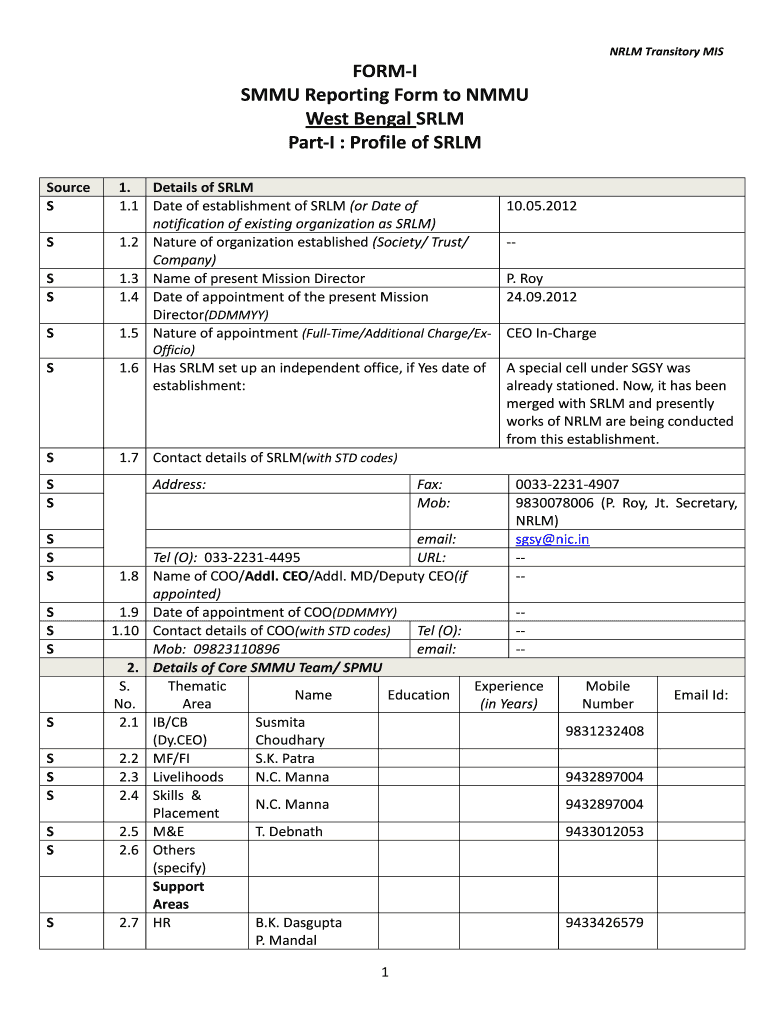 Fillable Online FORM-I SMMU Reporting Form to NMMU West Bengal ...