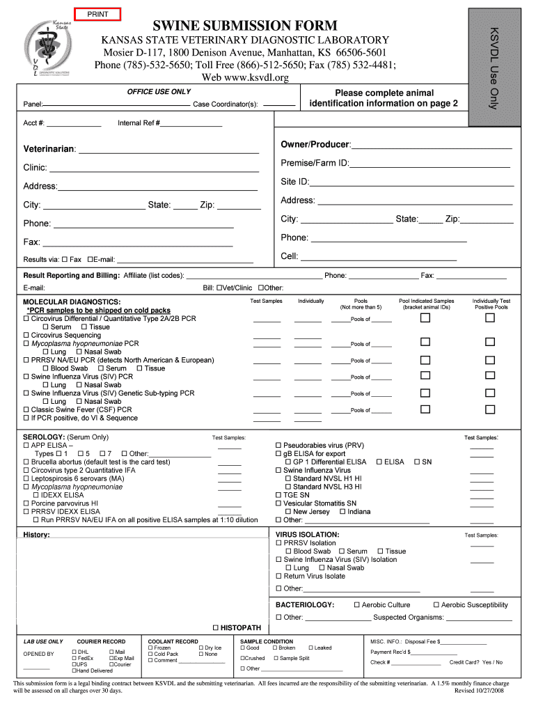 Fillable Online ksvdl Swine Submission Form - Kansas State Veterinary ...